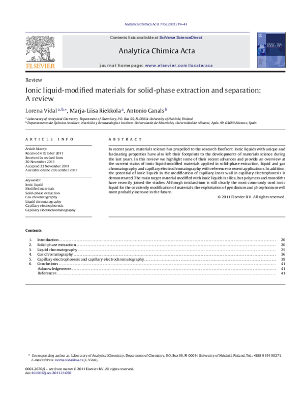 (PDF) Ionic liquid-modified materials for solid-phase extraction and separation: A review