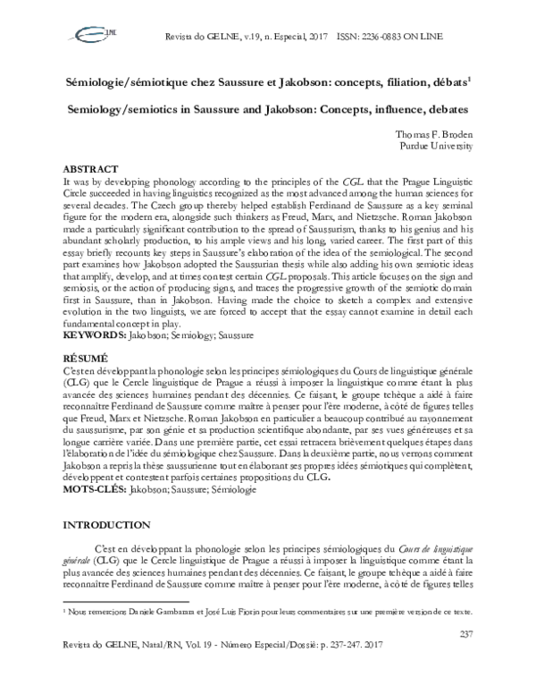 (PDF) Sémiologie/sémiotique chez Saussure et Jakobson: concepts ...