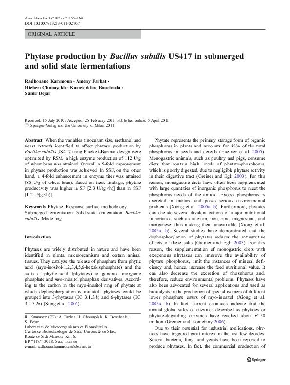 (PDF) Phytase production by Bacillus subtilis US417 in submerged and solid state fermentations