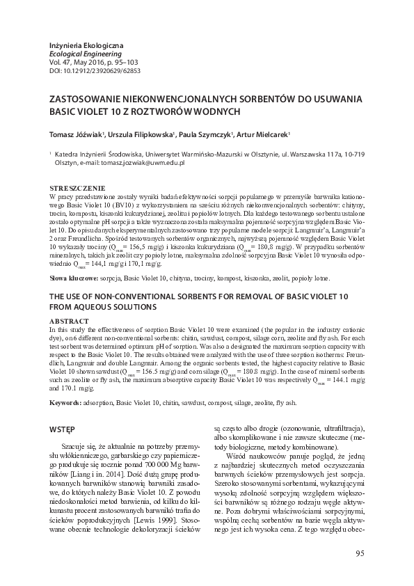 (PDF) Zastosowanie Niekonwencjonalnych Sorbentów Do Usuwania Basic ...