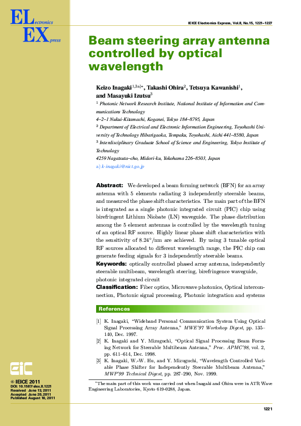 (PDF) Beam steering array antenna controlled by optical wavelength