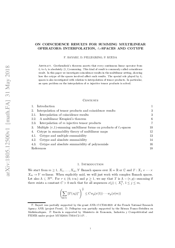 (PDF) On coincidence results for summing multilinear operators: interpolation, $$\ell _1$$ ℓ 1 ...