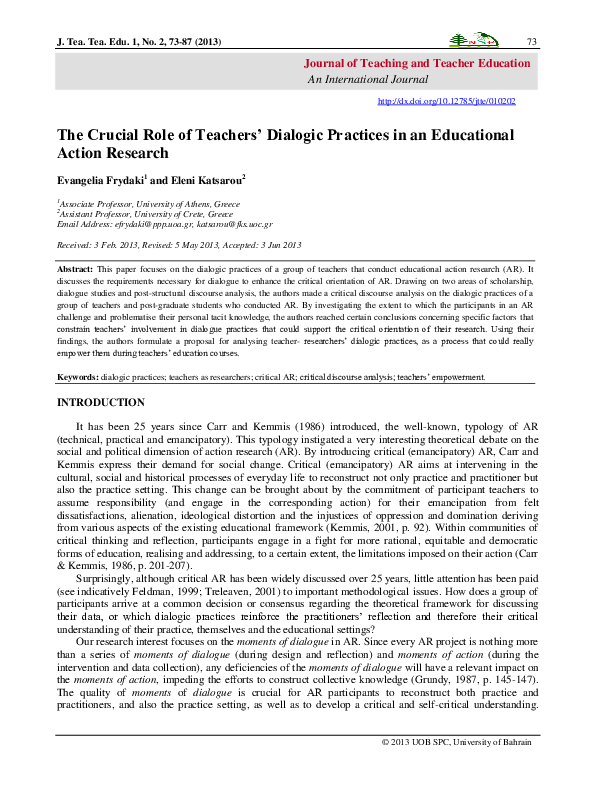 PDF The Crucial Role Of Teachers Dialogic Practices In An Educational Action Research pdf-the-crucial-role-of-teachers-dialogic-practices-in-an-educational-action-research