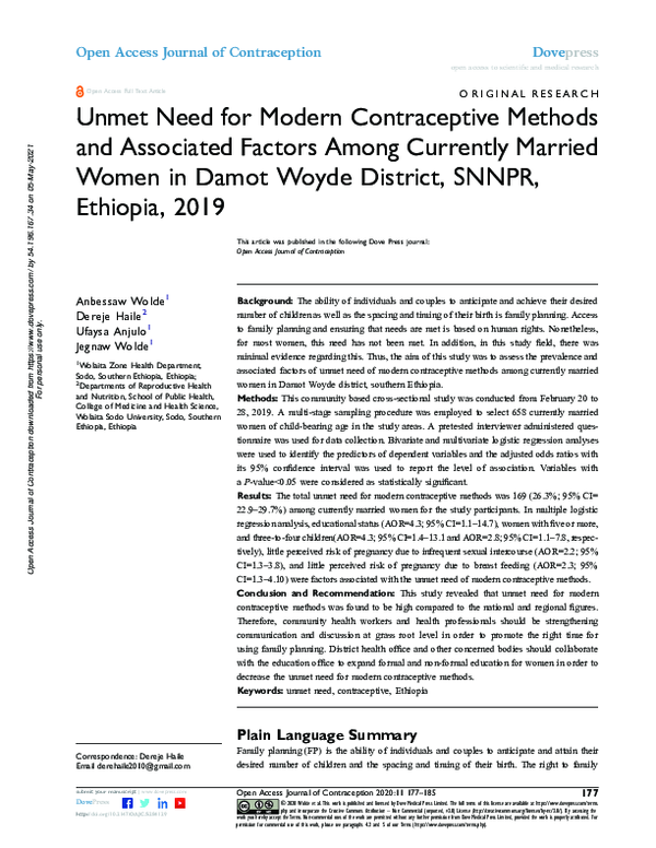 Pdf Unmet Need For Modern Contraceptive Methods And Associated
