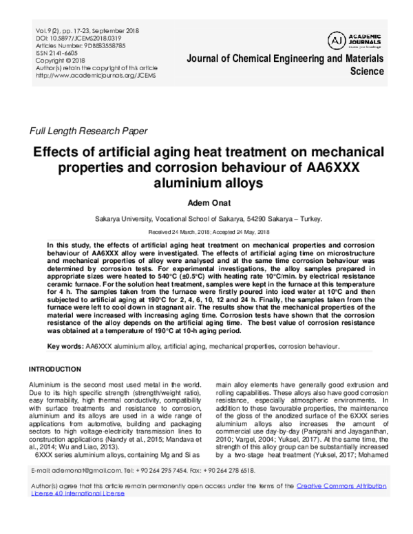(PDF) Effects of artificial aging heat treatment on mechanical properties and corrosion ...