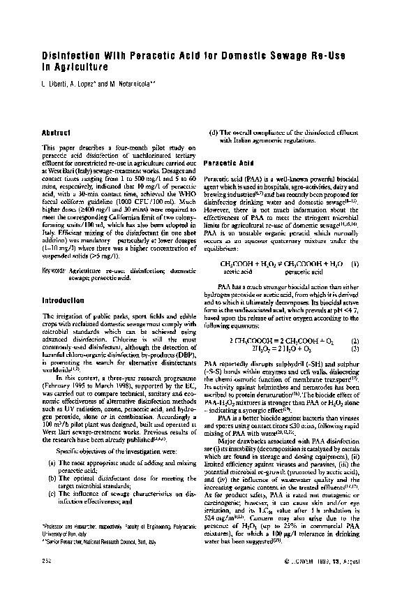 (PDF) Disinfection With Peracetic Acid for Domestic Sewage Re-Use in ...