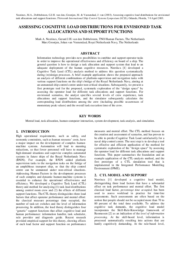 (PDF) Assessing Cognitive Load Distributions for Envisioned Task Allocations and Support Functions