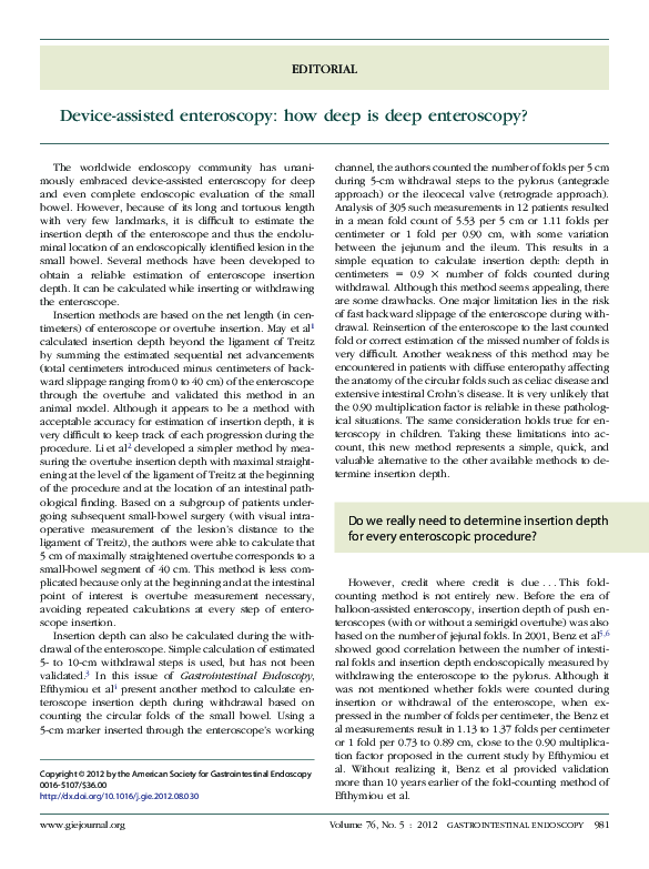 (PDF) Device-assisted enteroscopy: how deep is deep enteroscopy? | Tom ...