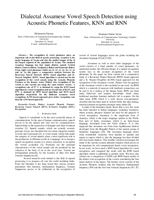 (PDF) Dialectal Assamese vowel speech detection using acoustic phonetic features, KNN and RNN