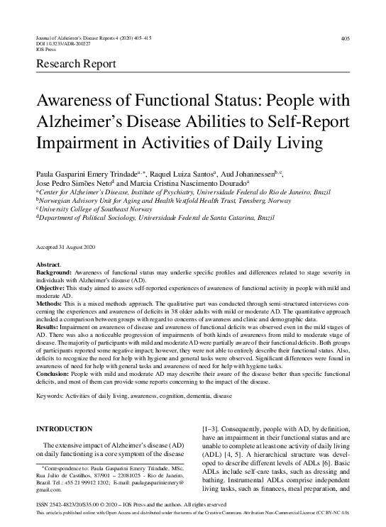 (PDF) Awareness of Functional Status: People with Alzheimer’s Disease ...