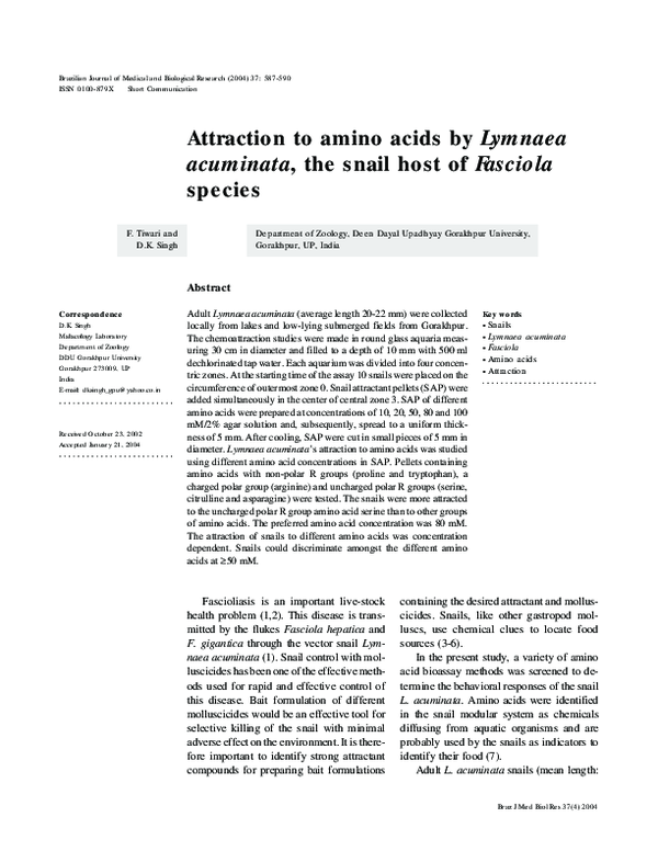 (PDF) Attraction to amino acids by Lymnaea acuminata, the snail host of ...