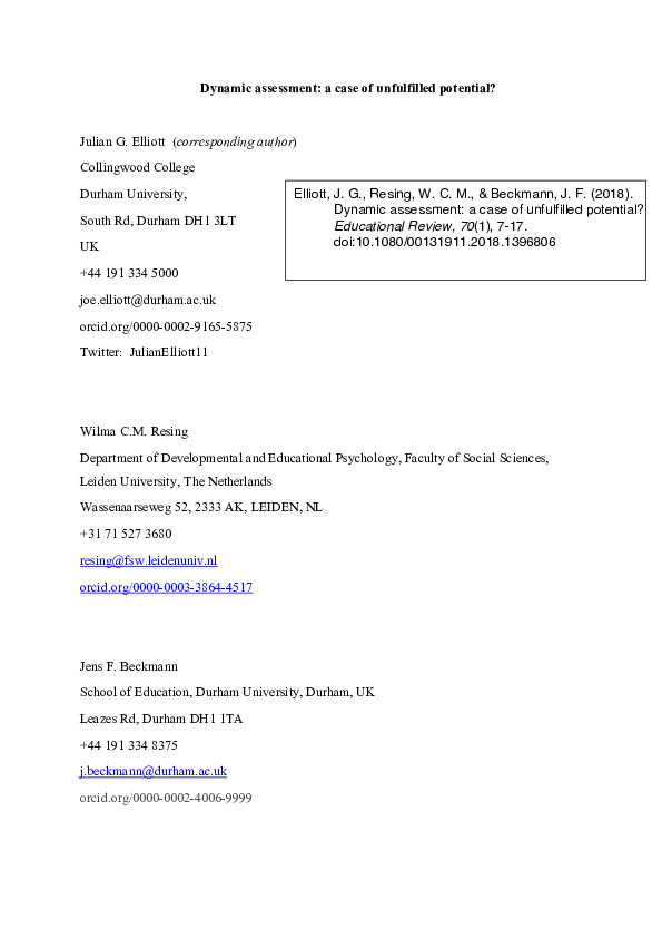 (PDF) Dynamic assessment: a case of unfulfilled potential?