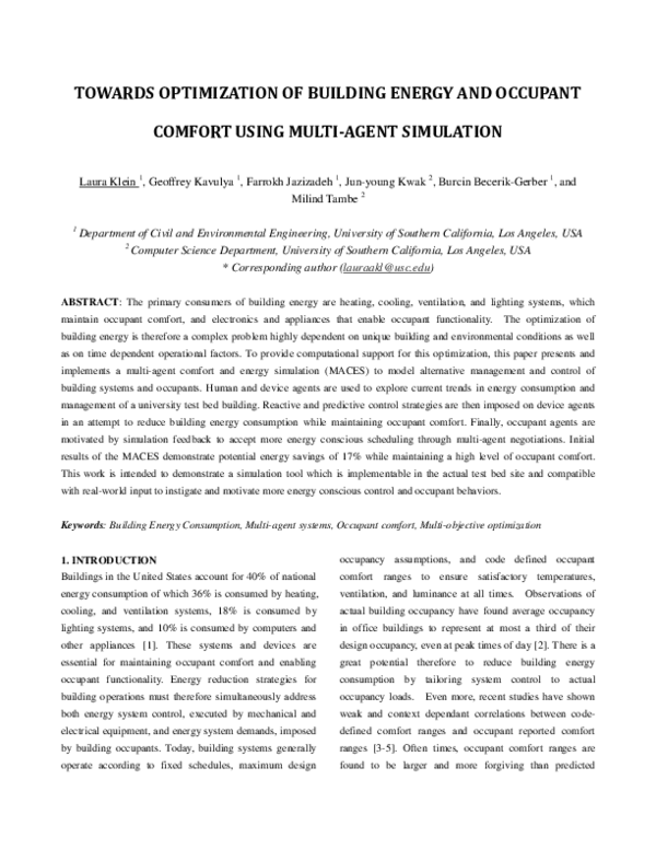 Pdf Towards Optimization Of Building Energy And Occupant Comfort Using Multi Agent Simulation