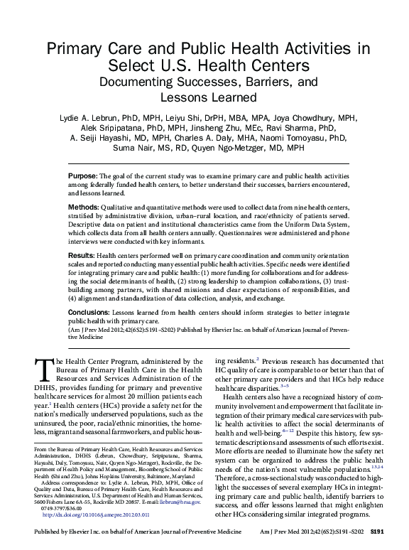 (PDF) Primary Care and Public Health Activities in Select U.S. Health ...