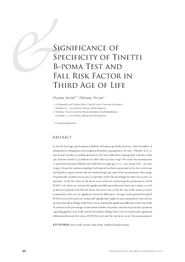 (PDF) Signiﬁcance of Speciﬁcity of Tinetti B-poma Test and Fall Risk ...