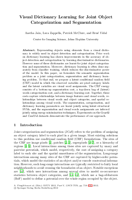 (PDF) Visual Dictionary Learning for Joint Object Categorization and Segmentation