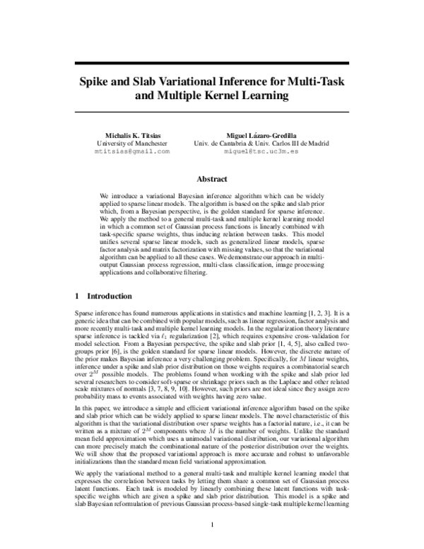 (PDF) Spike and Slab Variational Inference for Multi-Task and Multiple Kernel Learning