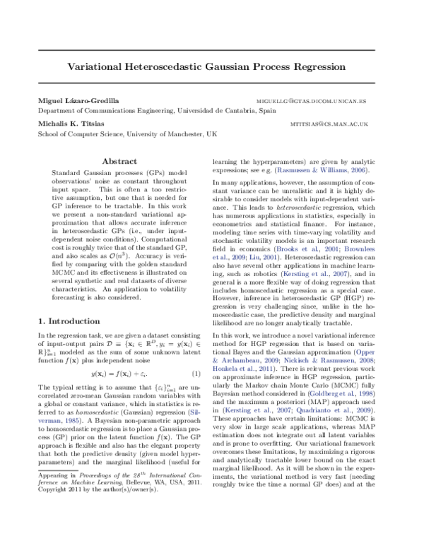 (PDF) Variational heteroscedastic Gaussian process regression