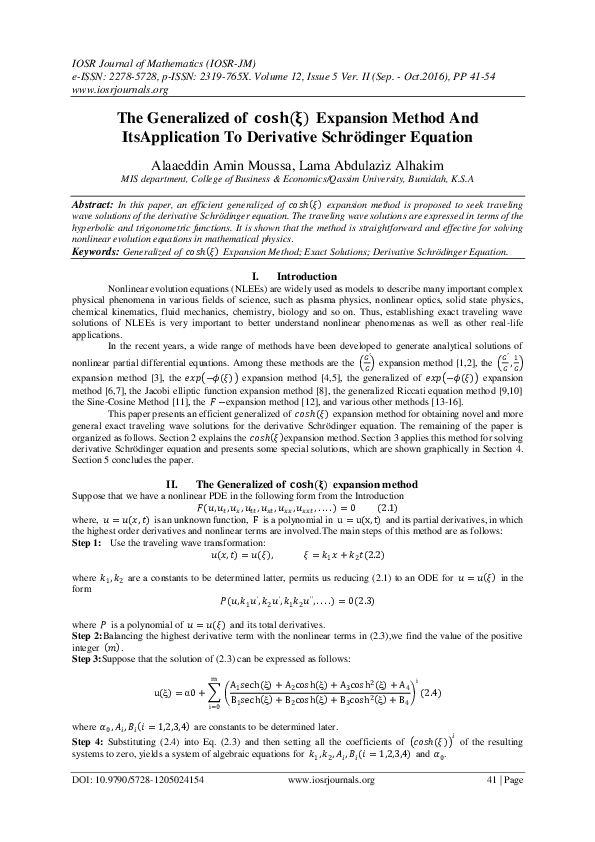 (PDF) The Generalized of 𝐜𝐨𝐬𝐡(𝛏) Expansion Method And ItsApplication To Derivative Schrödinger ...