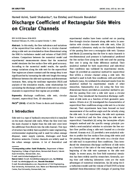 (PDF) Discharge Coefficient of Rectangular Side Weirs on Circular Channels