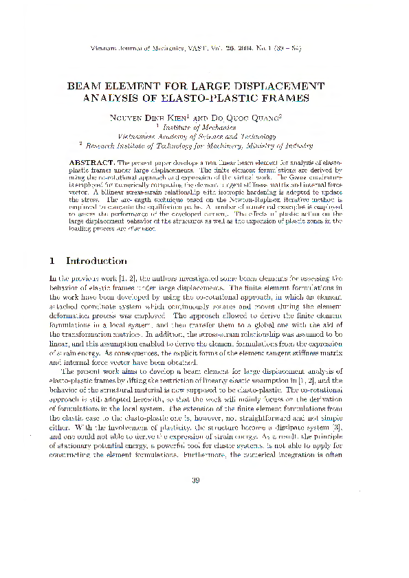 (PDF) Beam Element for Large Displacement Analysis of Elasto-Plastic Frames