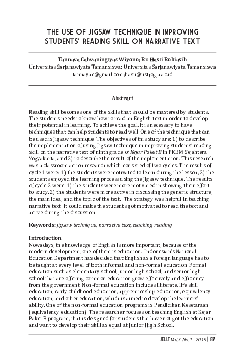 (PDF) The Use of Jigsaw Technique in Improving Students’ Reading Skill on Narrative Text
