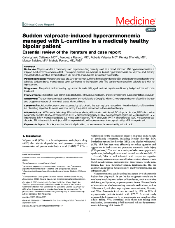 (PDF) Sudden valproate-induced hyperammonemia managed with L-carnitine ...