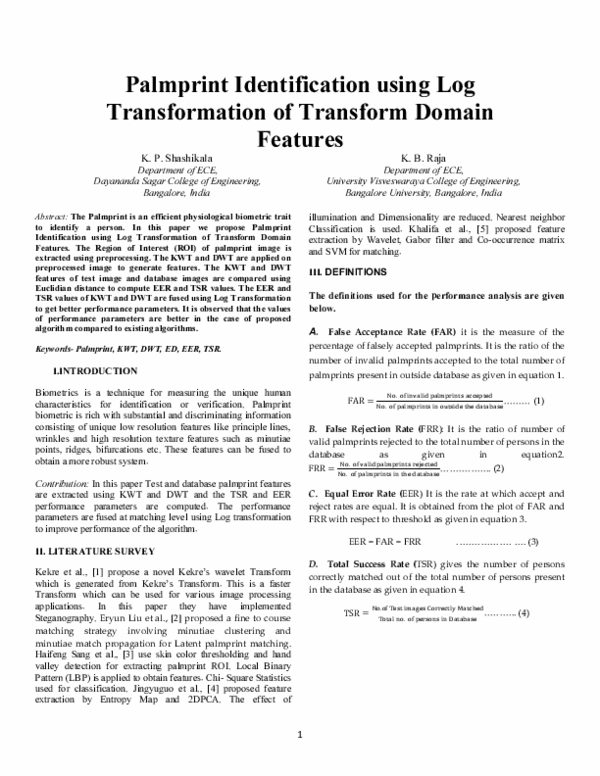 (PDF) Palmprint identification using Log Transformation of Transform Domain Features