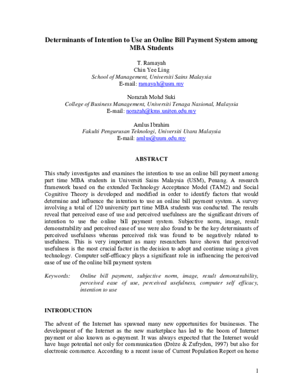 (PDF) Determinants of intention to use an online bill payment system ...