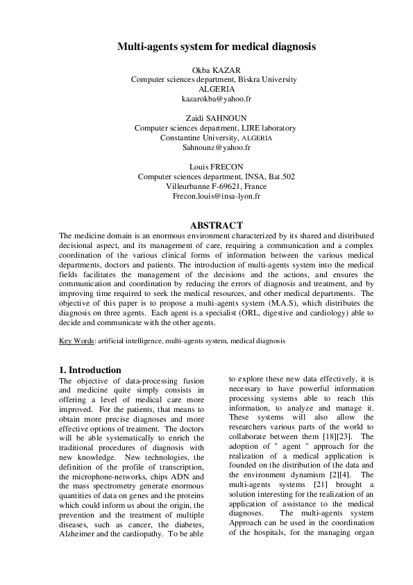 (PDF) Multi-agents system for medical diagnosis