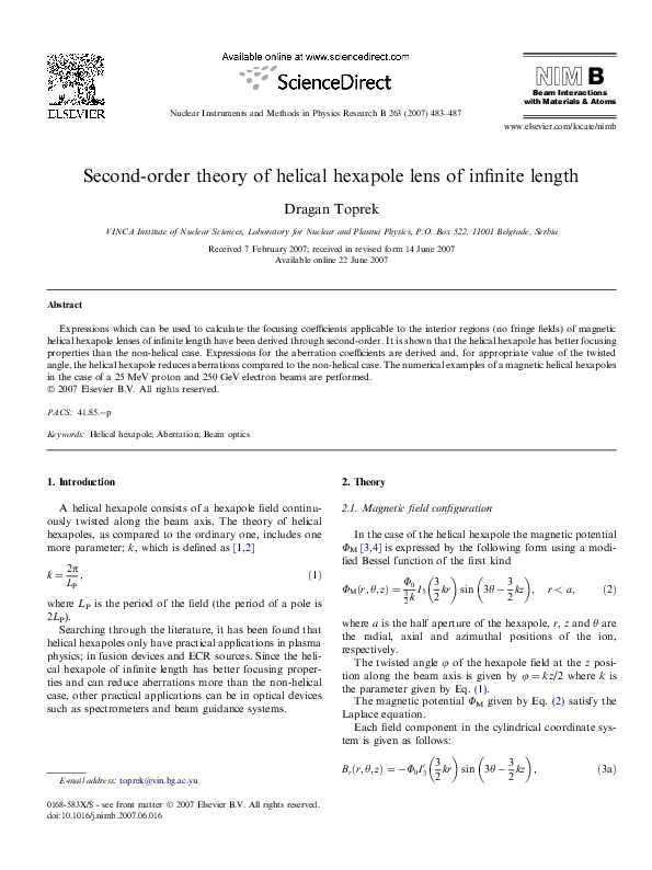 (PDF) Second-order theory of helical hexapole lens of infinite length