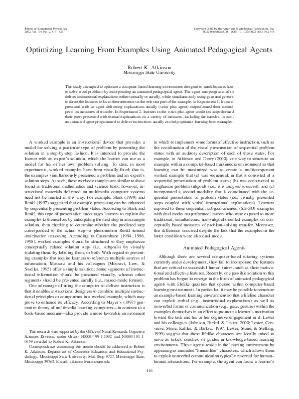 Pdf Optimizing Learning From Examples Using Animated Pedagogical Agents 