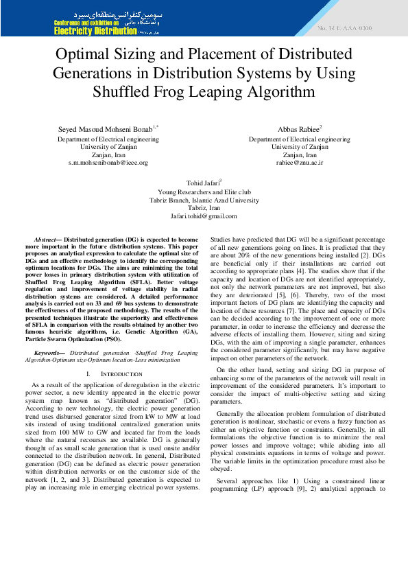 (PDF) Optimal Sizing and Placement of Distributed Generation in Distribution System Considering ...