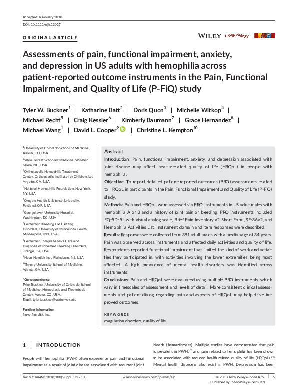 (PDF) Assessments of pain, functional impairment, anxiety, and depression in US adults with ...