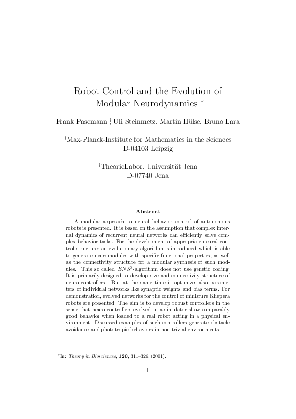 (PDF) Robot control and the evolution of modular neurodynamics
