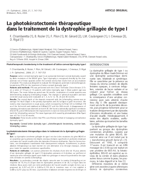 (PDF) La photokératectomie thérapeutique dans le traitement de la ...