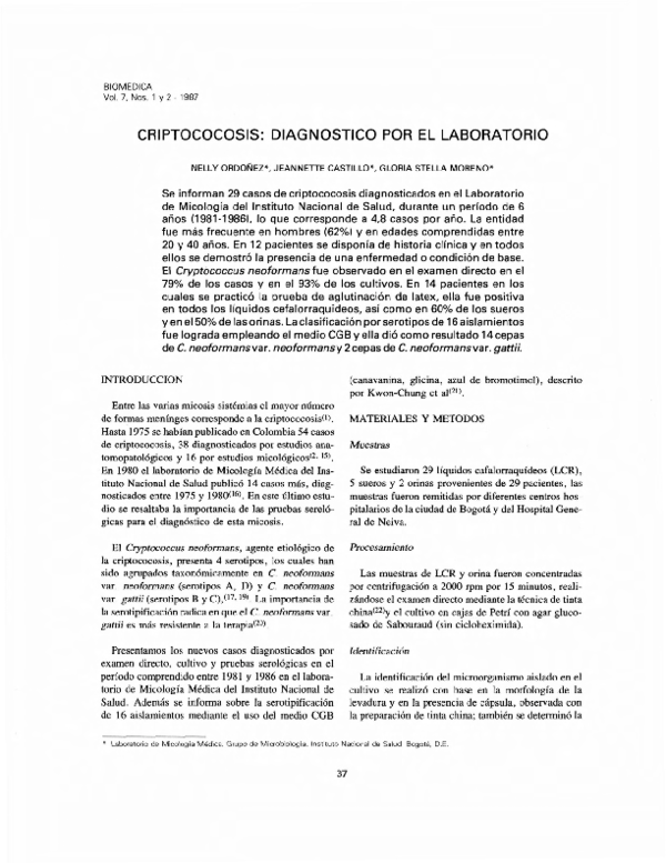 (PDF) Criptococosis: Diagnóstico por el laboratorio