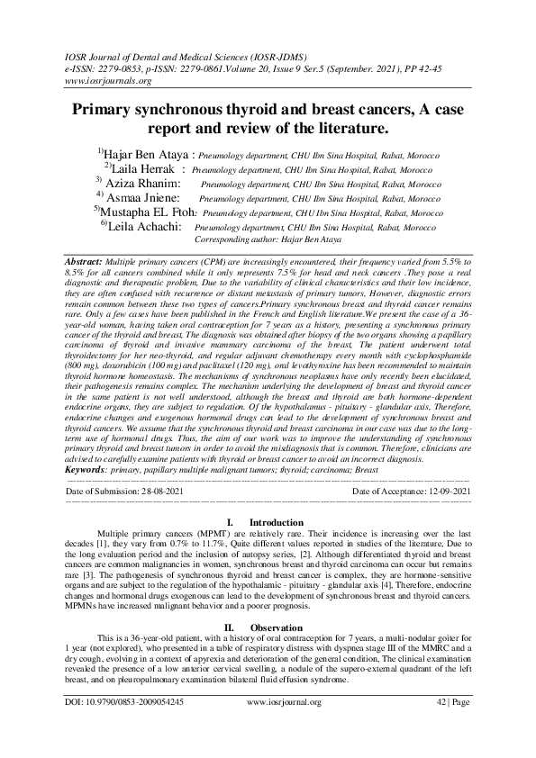 (PDF) Primary synchronous thyroid and breast cancers, A case report and ...