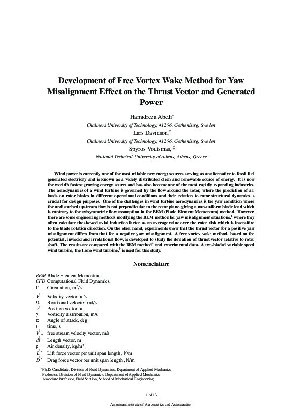(PDF) Development of Free Vortex Wake Method for Yaw Misalignment Effect on the Thrust Vector ...