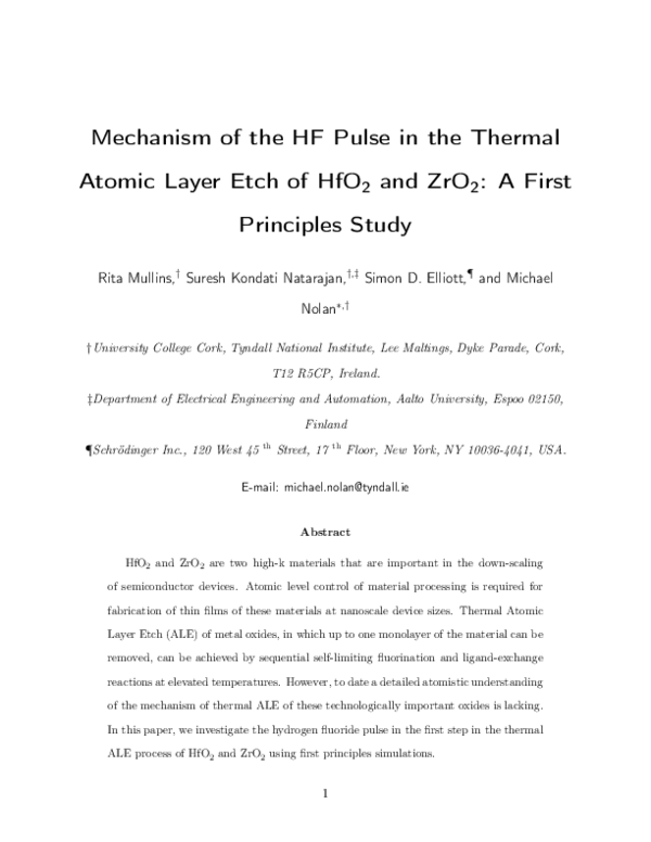 (PDF) Mechanism of the HF Pulse in the Thermal Atomic Layer Etch of ...