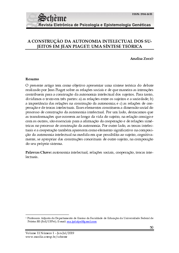 (PDF) A Construção Da Autonomia Intelectual Dos Sujeitos Em Jean Piaget ...