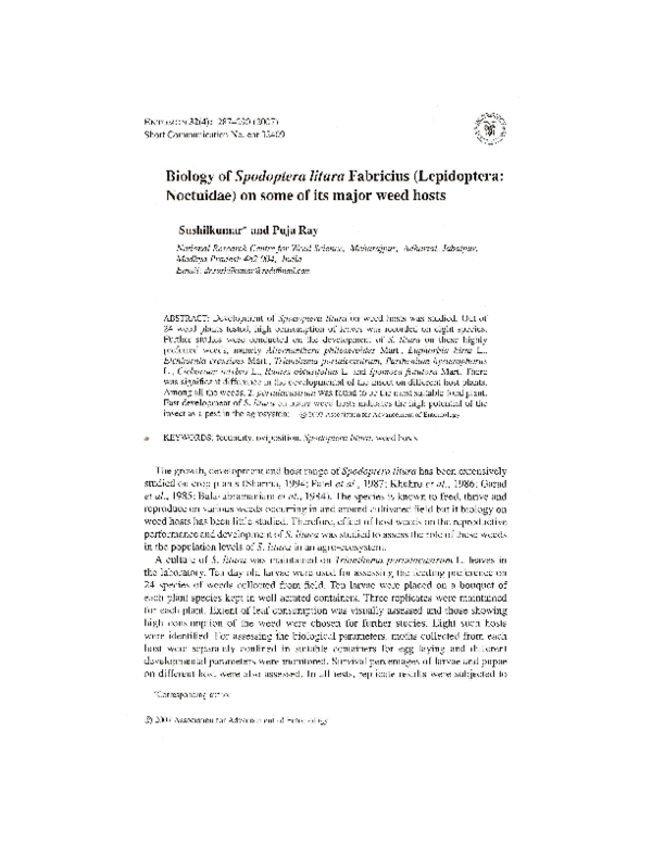 (PDF) Biology of Spodoptera litura Fabricius (Lepidoptera: Noctuidae) on some of its major weed ...