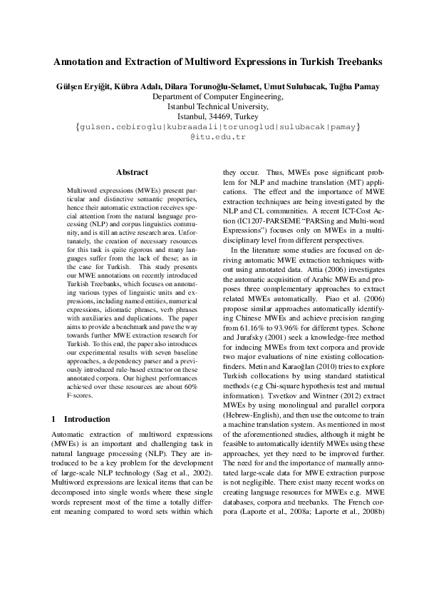 (PDF) Annotation and Extraction of Multiword Expressions in Turkish Treebanks