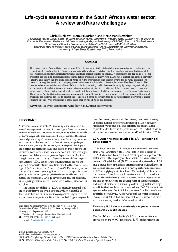 (PDF) Life-cycle assessments in the South African water sector: A ...