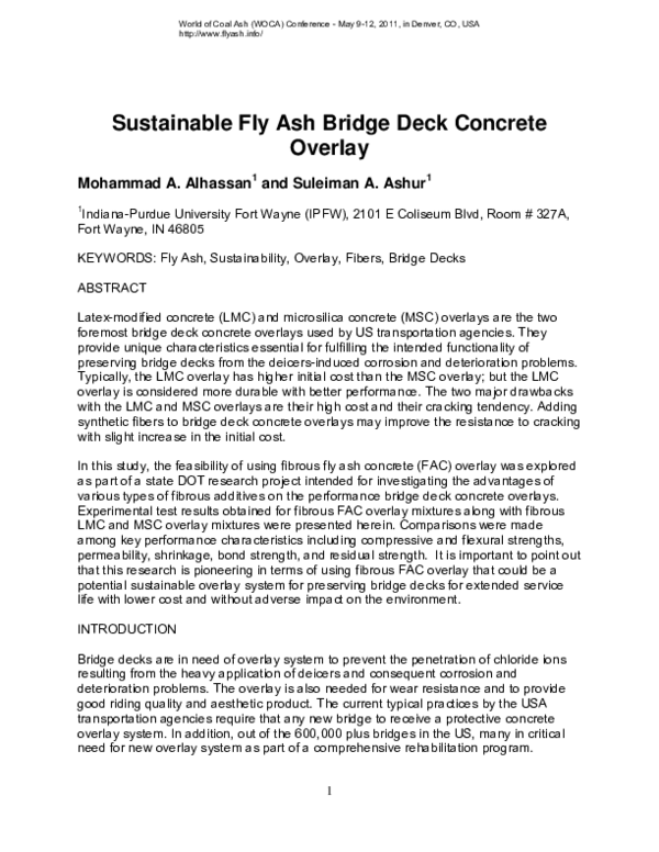 (PDF) Sustainable Fly Ash Bridge Deck Concrete Overlay