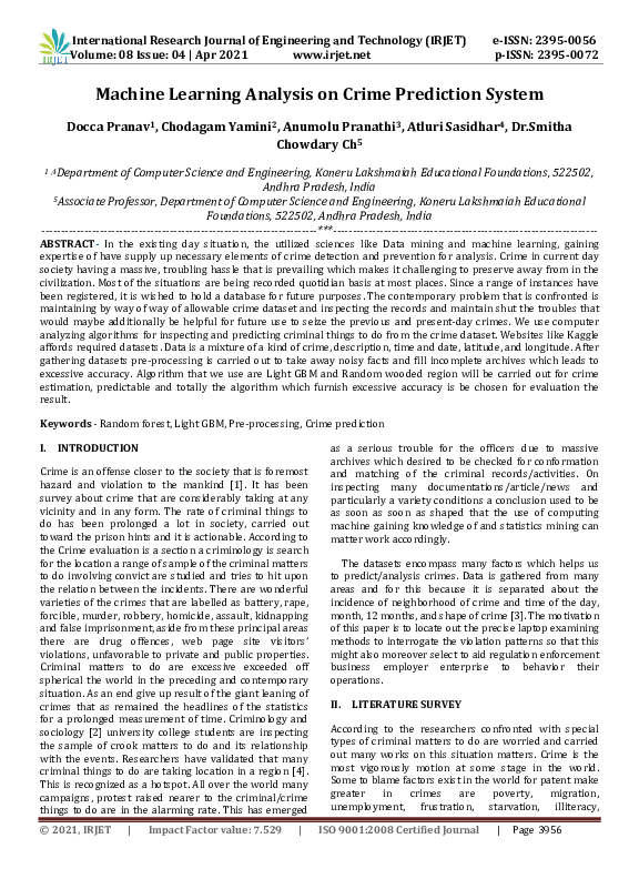 (PDF) IRJET- Machine Learning Analysis on Crime Prediction System