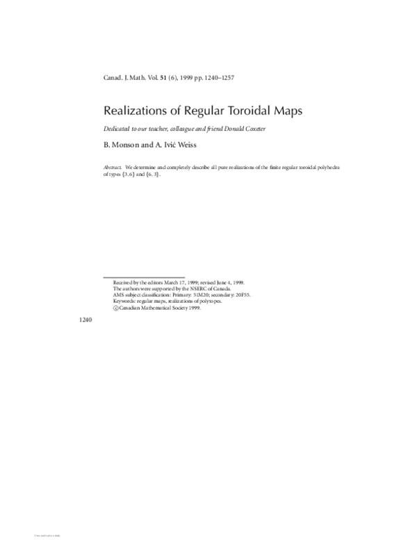 (PDF) Realizations of Regular Toroidal Maps of Type | Asia Ivic Weiss ...