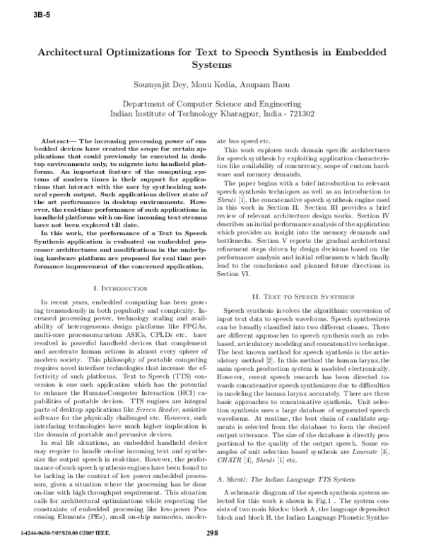 (PDF) Architectural Optimizations for Text to Speech Synthesis in Embedded Systems