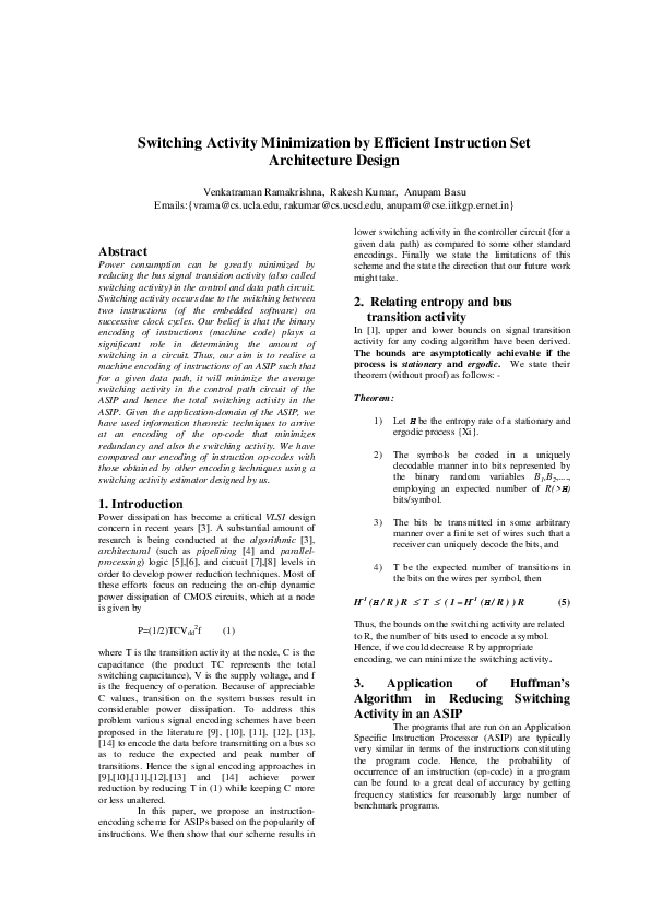 Pdf Switching Activity Minimization By Efficient Instruction Set Architecture Design Anupam 