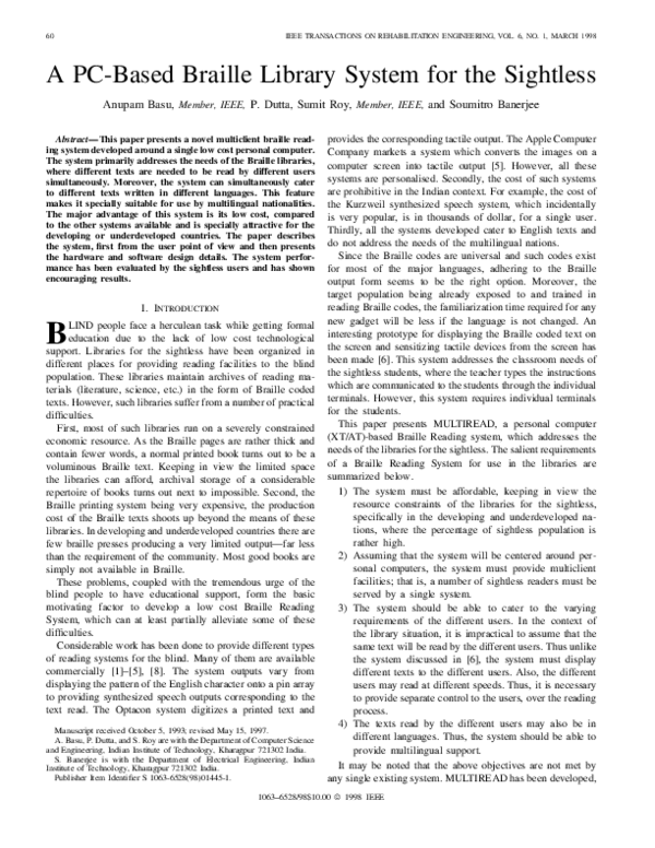 (PDF) A PC-based Braille library system for the sightless